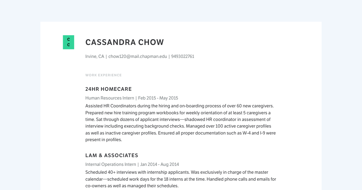 Cassandra Chow's Resume | Human Resources Intern at 24Hr Homecare