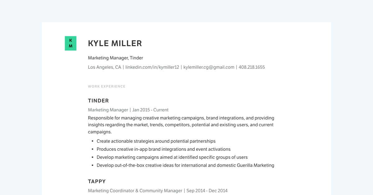Kyle Miller's Resume | Marketing Manager at Tinder