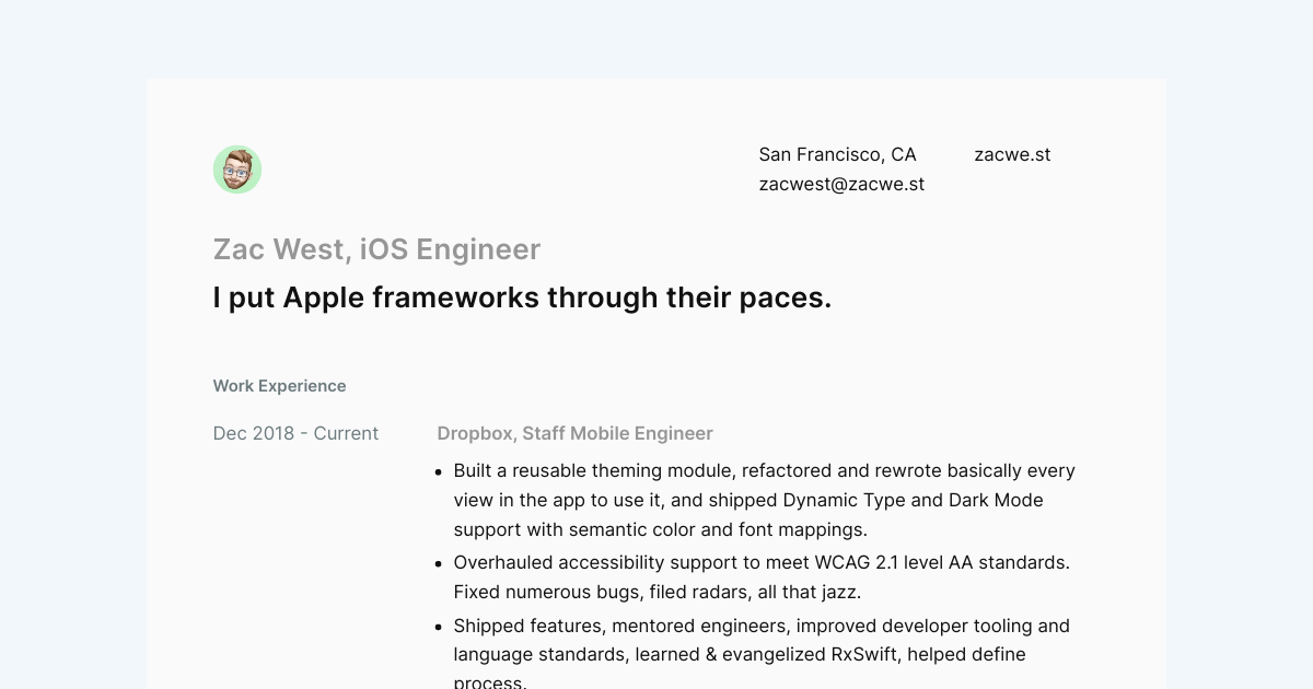 Zac West's Resume | Staff Mobile Engineer at Dropbox