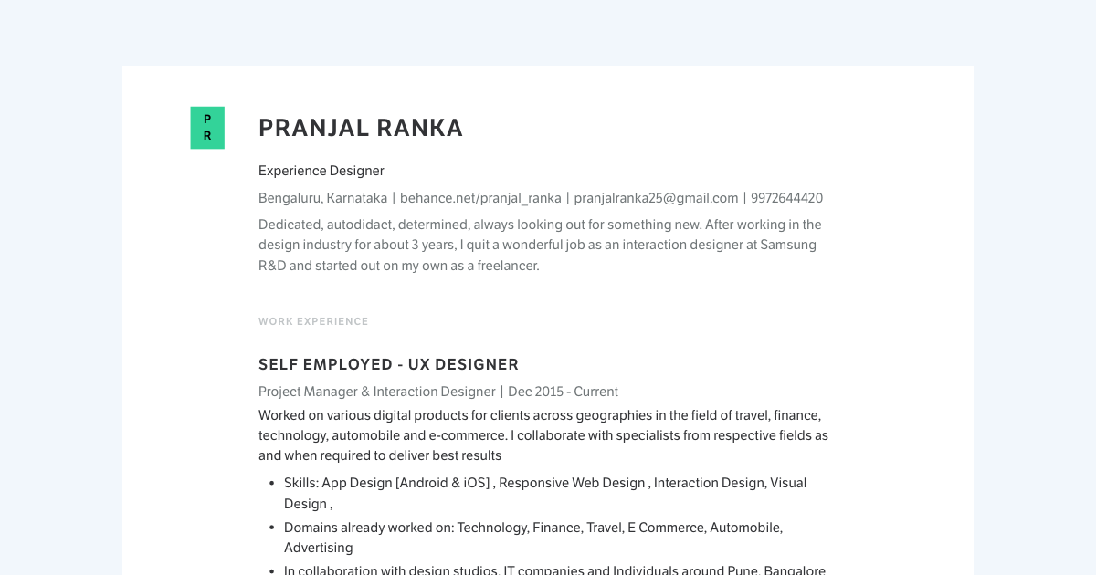 Pranjal Ranka's Resume | Project Manager & Interaction Designer at Self Employed - UX Designer