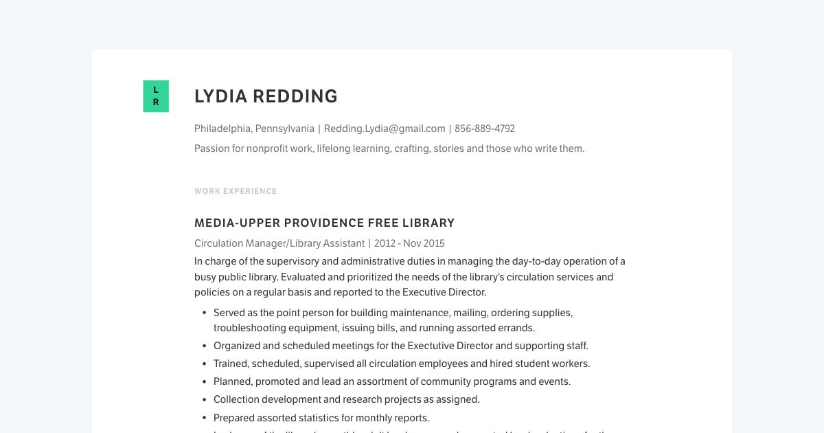 Lydia Redding's Resume | Circulation Manager/Library Assistant at Media ...