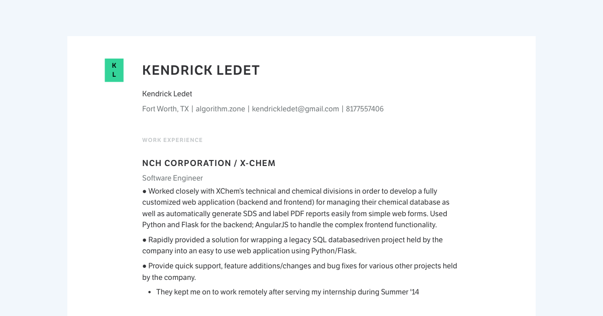 Kendrick Ledet's Resume | Software Engineer at NCH Corporation / X-Chem