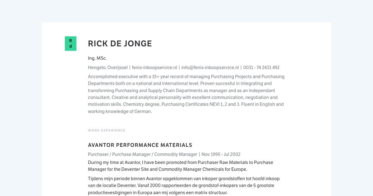 Rick de Jonge's Resume | Purchaser / Purchase Manager / Commodity ...