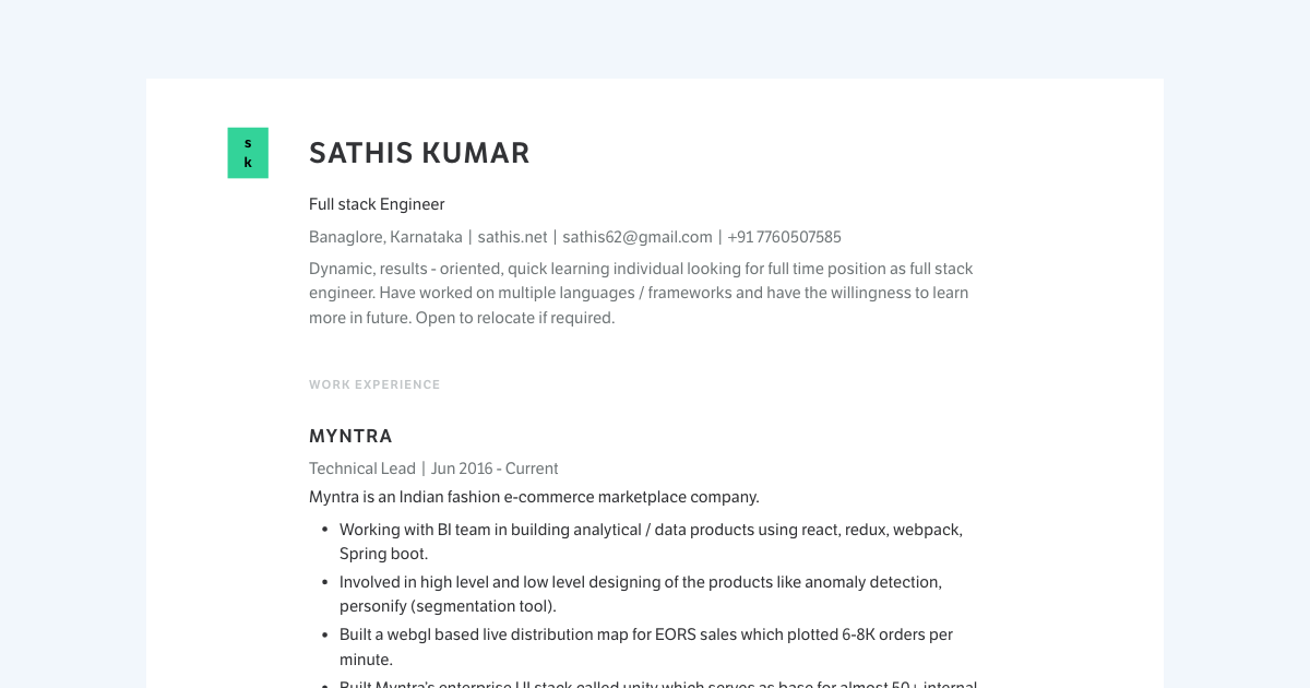sathis kumar's Resume | Technical Lead at Myntra