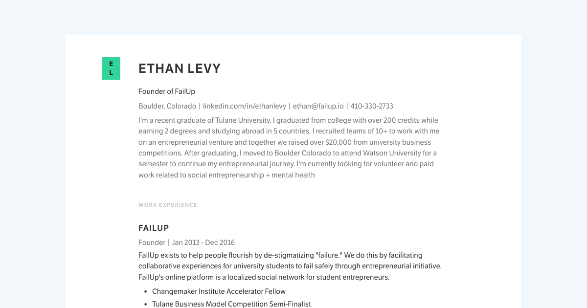 Ethan Levy's Resume | Founder at FailUp | Standard Resume
