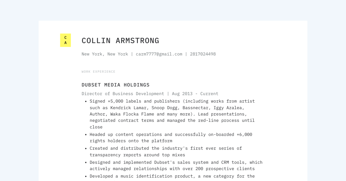 Collin Armstrong's Resume | Director of Business Development at Dubset ...
