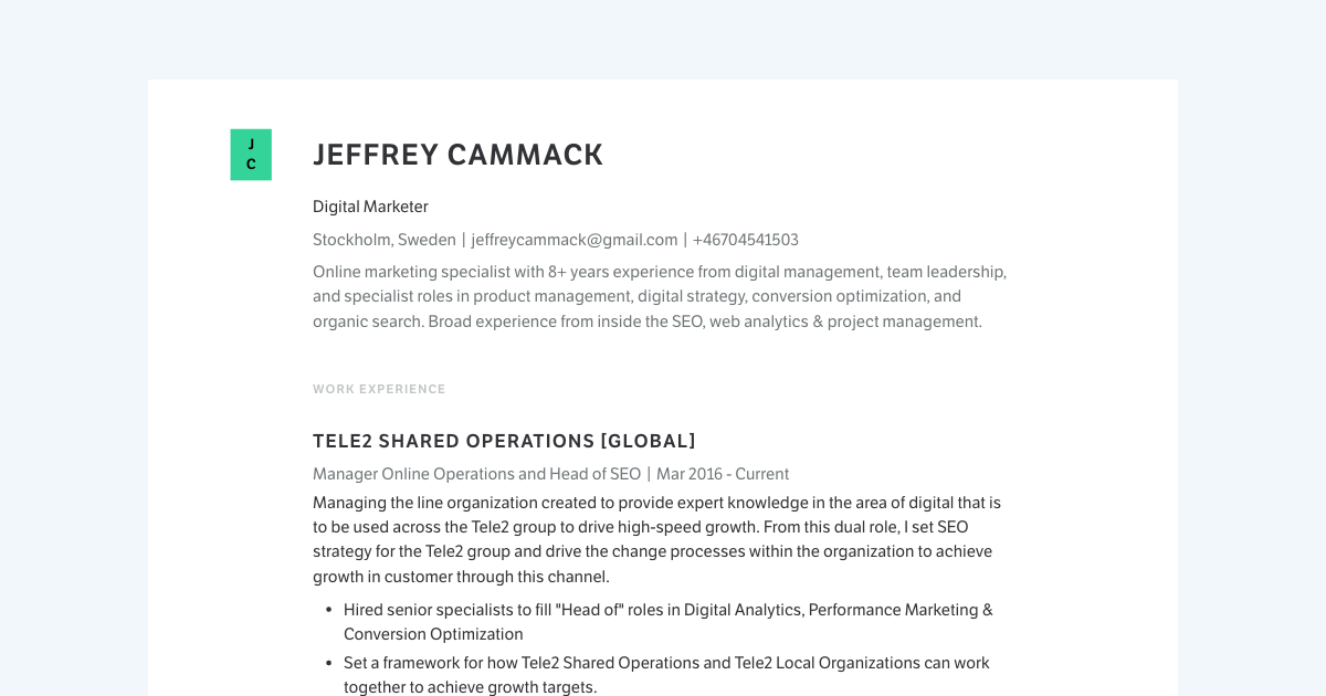 Jeffrey Cammack's Resume | Manager Online Operations and Head of SEO at ...