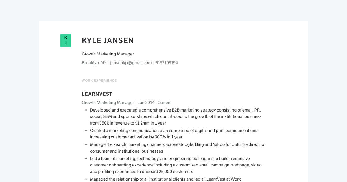 Kyle Jansen's Resume | Growth Marketing Manager at LearnVest