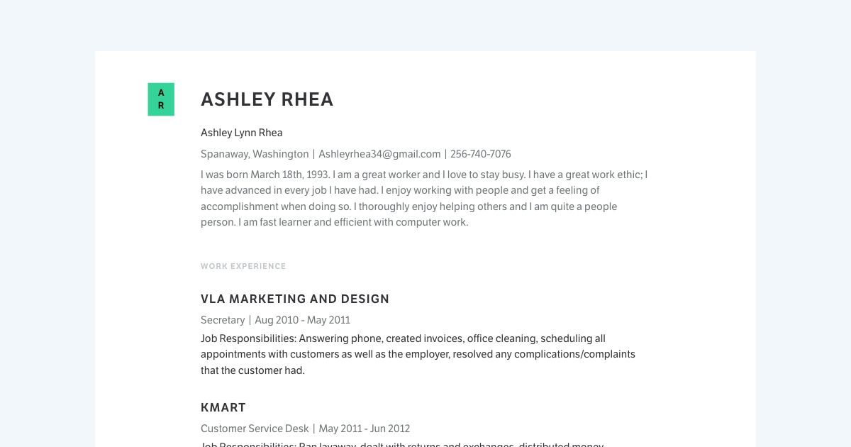 Ashley Rhea's Resume | Secretary at VLA Marketing and Design