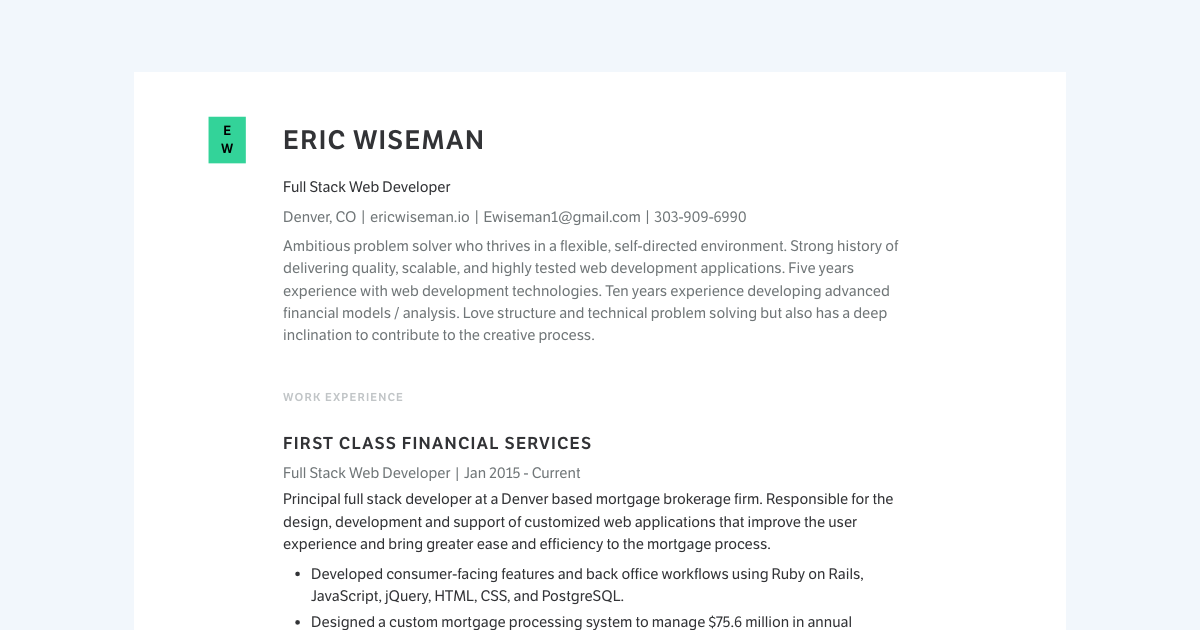 Eric Wiseman's Resume | Full Stack Web Developer at First Class ...