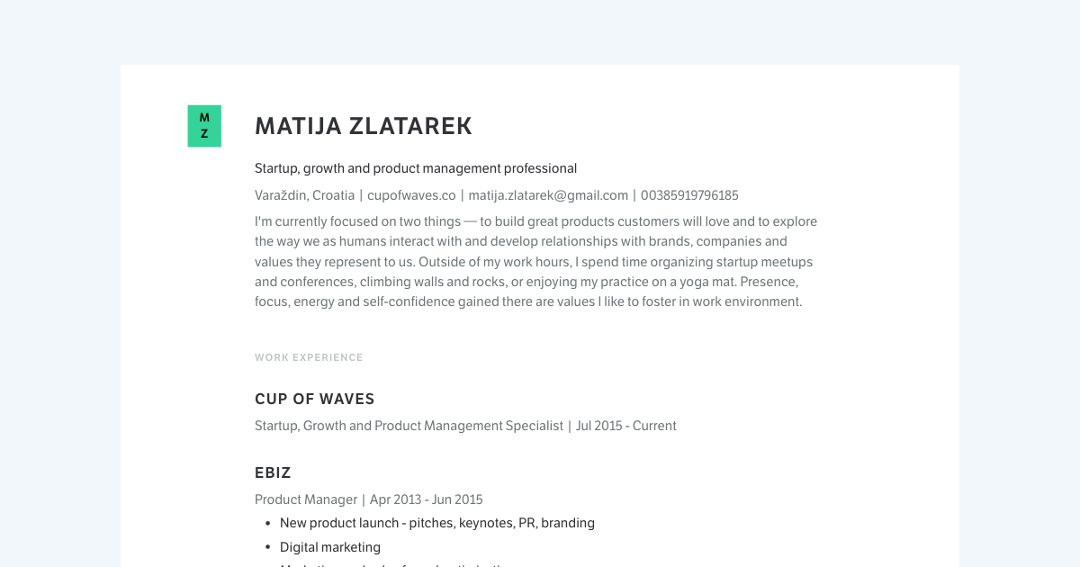 Matija Zlatarek's Resume | Startup, Growth and Product Management ...