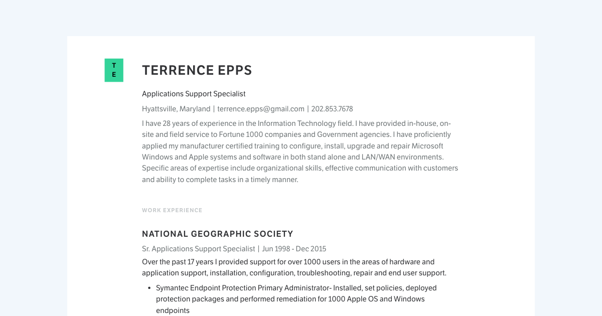 Terrence Epps's Resume | Sr. Applications Support Specialist at ...