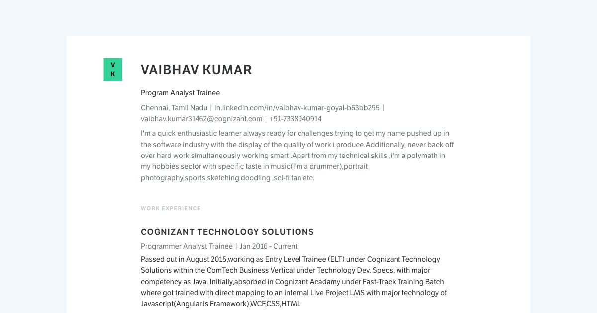 Vaibhav Kumar's Resume | Programmer Analyst Trainee at Cognizant Technology Solutions