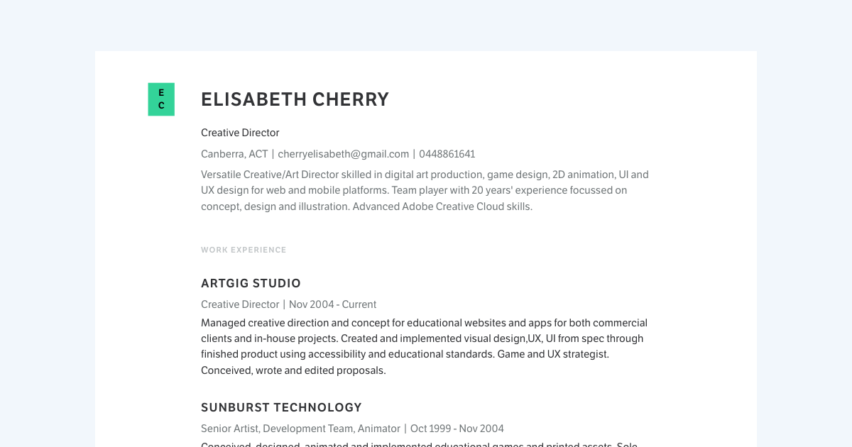 Elisabeth Cherry's Resume | Creative Director at Artgig Studio