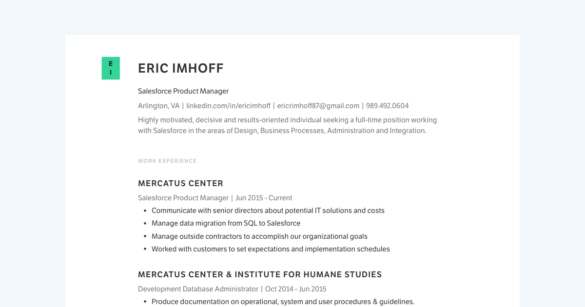 Eric Imhoff's Resume | Salesforce Product Manager at Mercatus Center