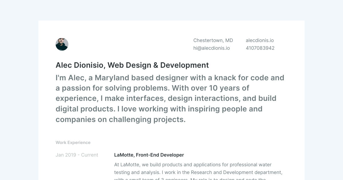 Alec Dionisio's Resume | Front-End Developer at LaMotte