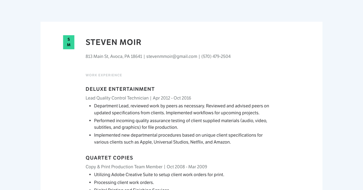 Steven Moir's Resume | Lead Quality Control Technician at Deluxe ...