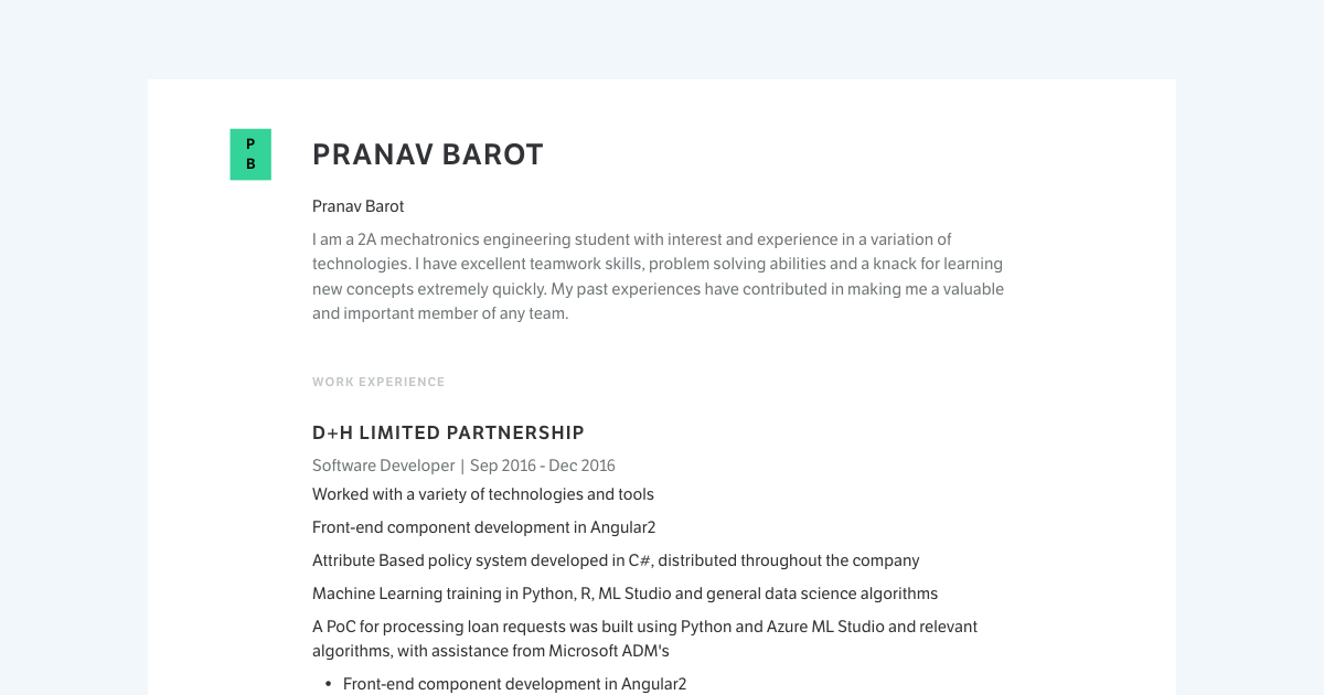 Pranav Barot's Resume | Software Developer at D+H Limited Partnership