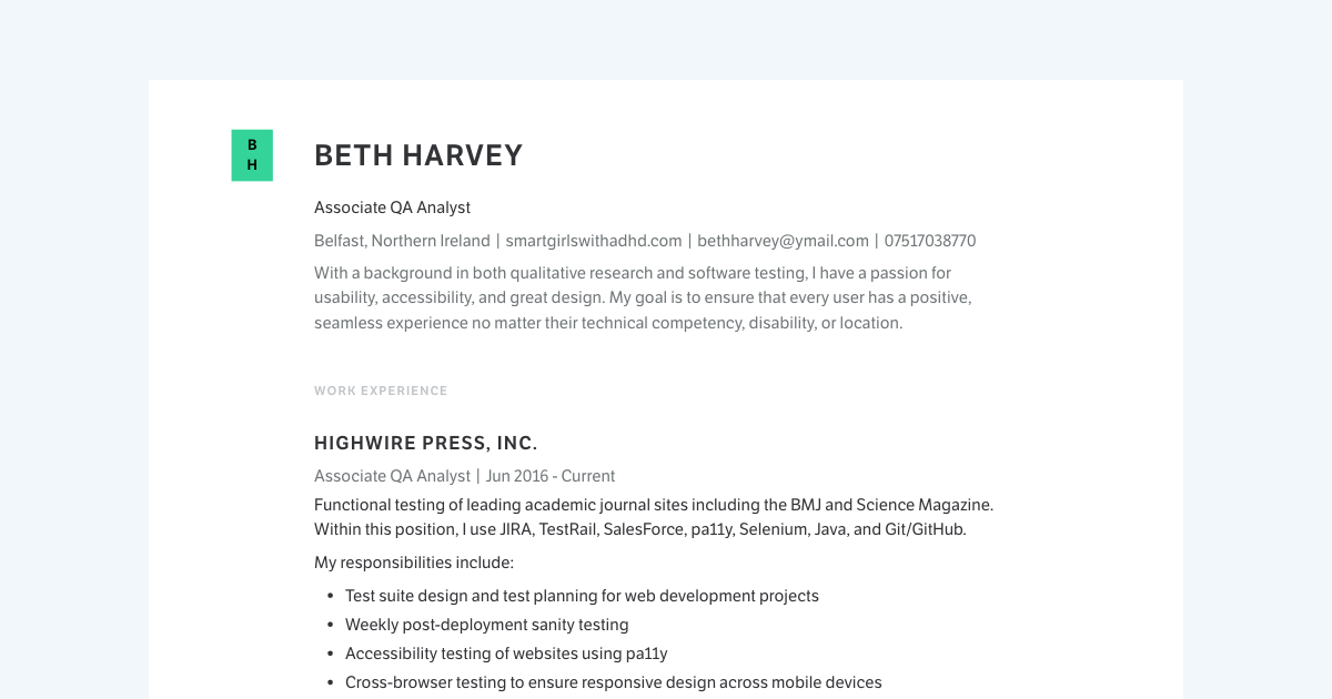 Beth Harvey's Resume | Associate QA Analyst at HighWire Press, Inc.