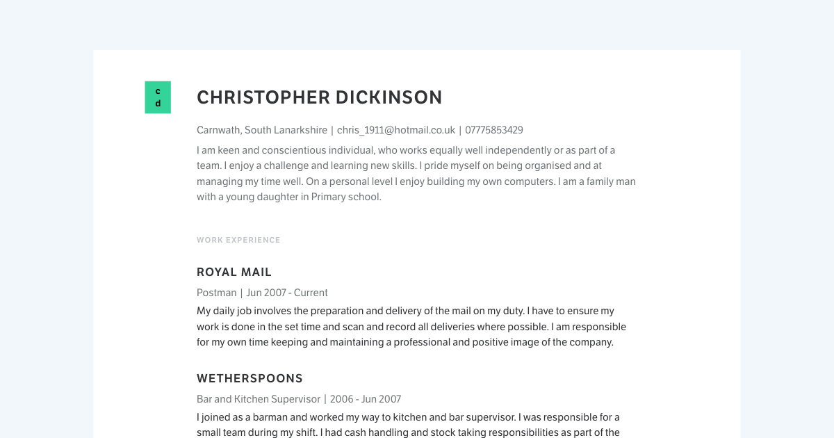 christopher dickinson's Resume | Postman at Royal Mail