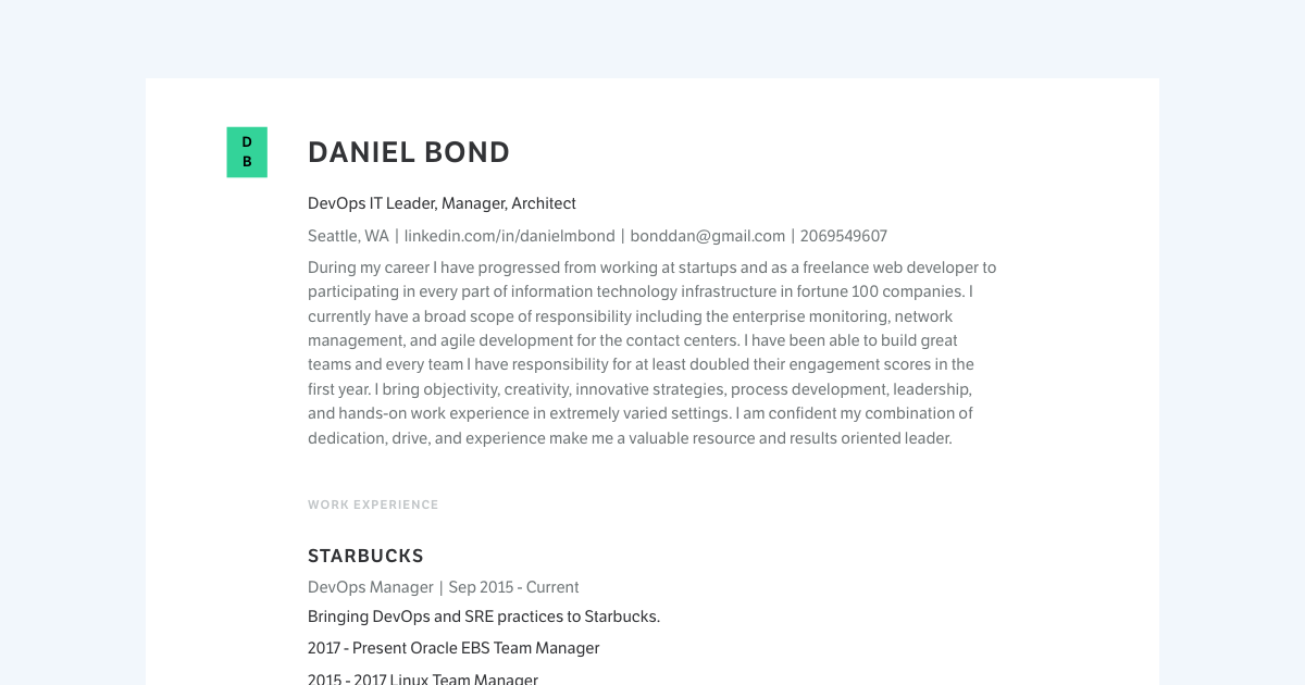Daniel Bond's Resume | DevOps Manager at Starbucks