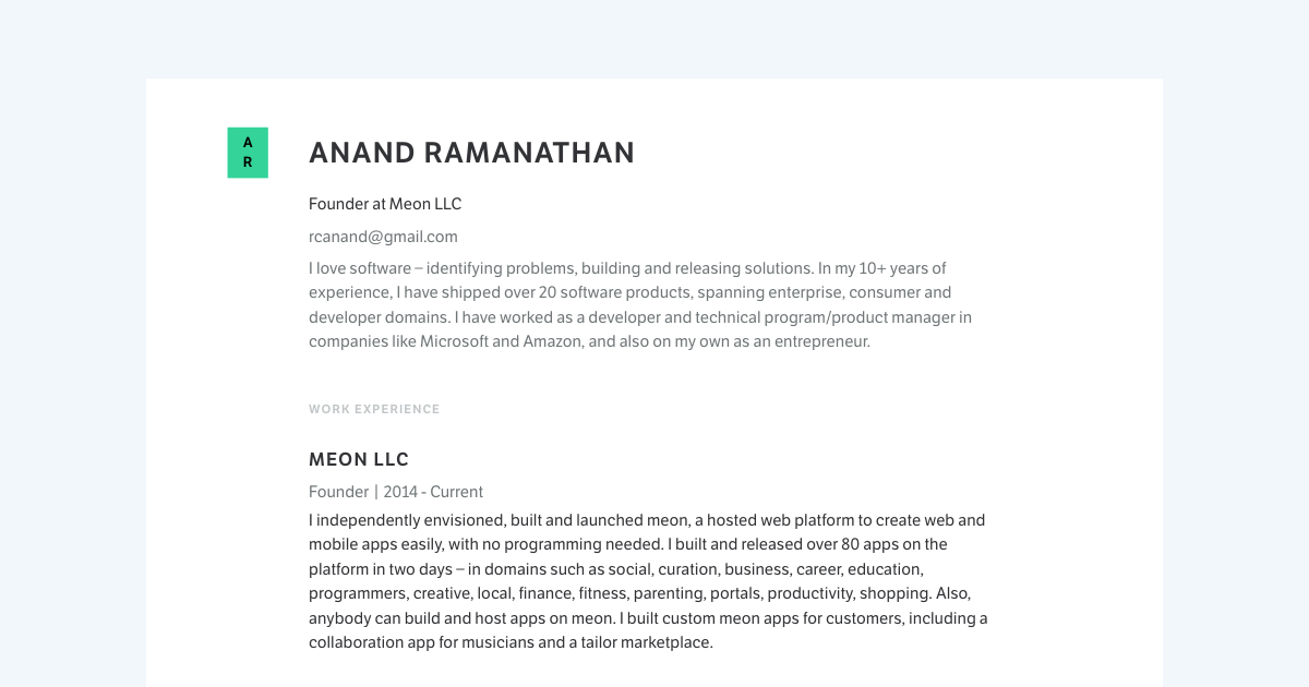 Anand Ramanathan's Resume | Founder at Meon LLC | Standard Resume