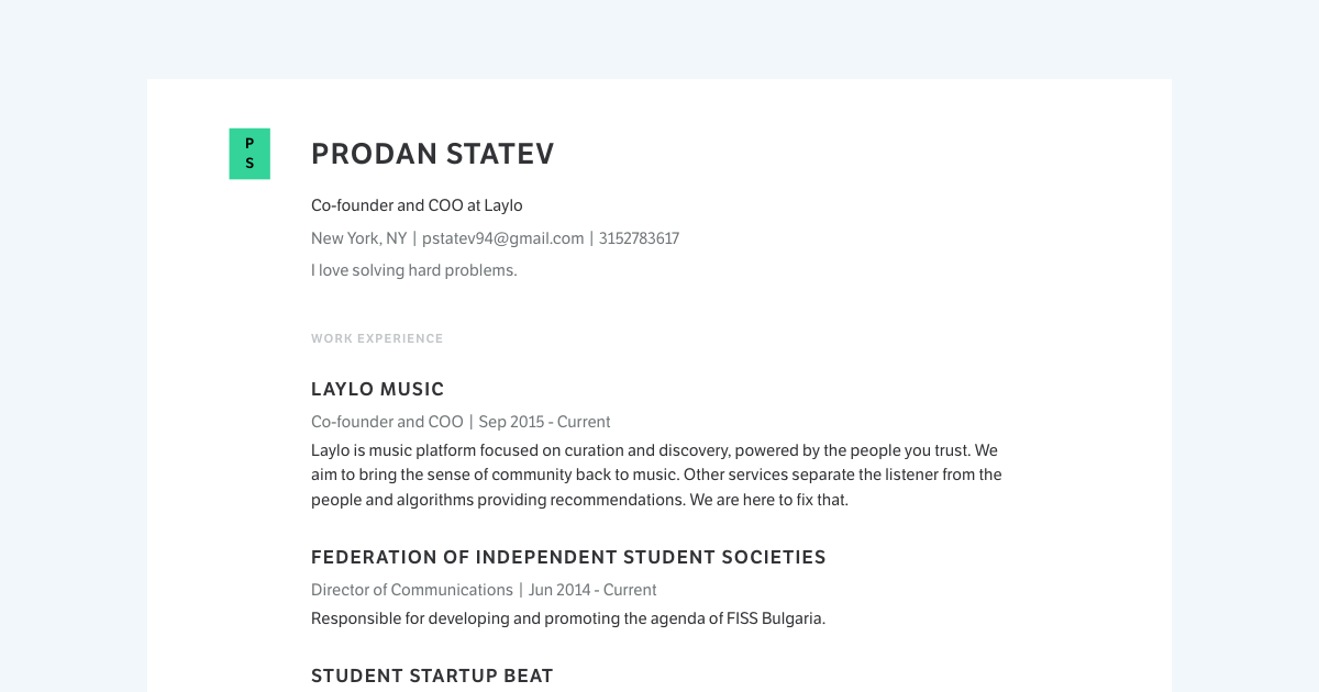 Prodan Statev's Resume | Co-founder and COO at Laylo Music