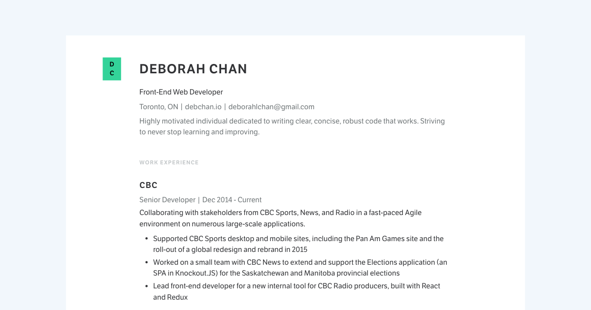 Deborah Chan's Resume | Senior Developer at CBC | Standard Resume