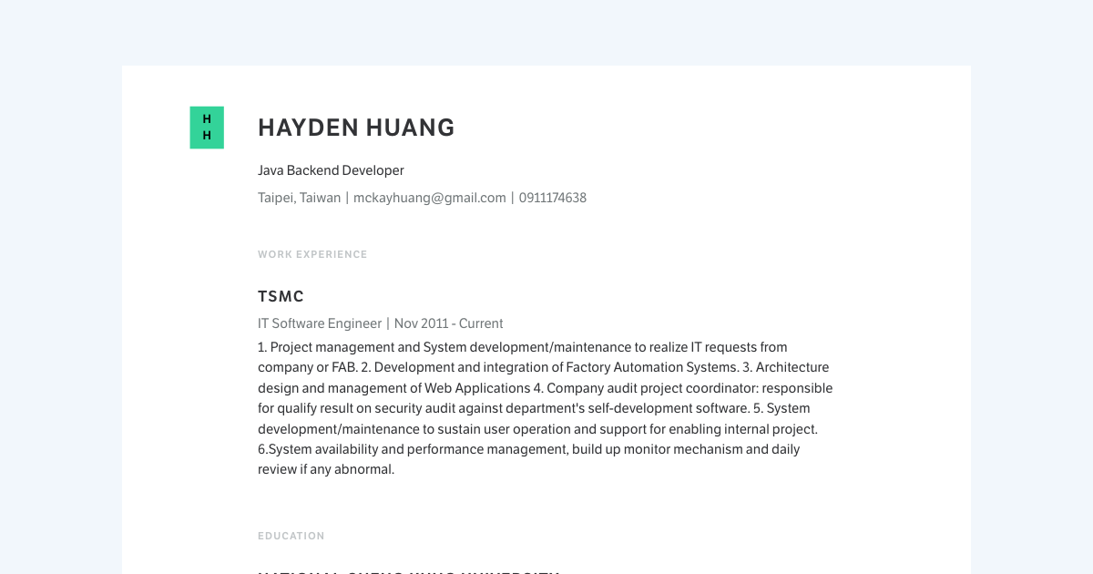 Hayden Huang's Resume | IT Software Engineer at TSMC