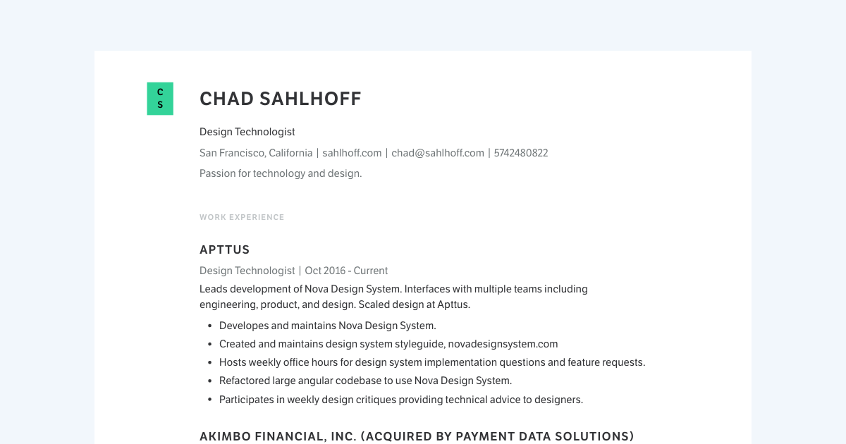 Chad Sahlhoff's Resume | Design Technologist at Apttus