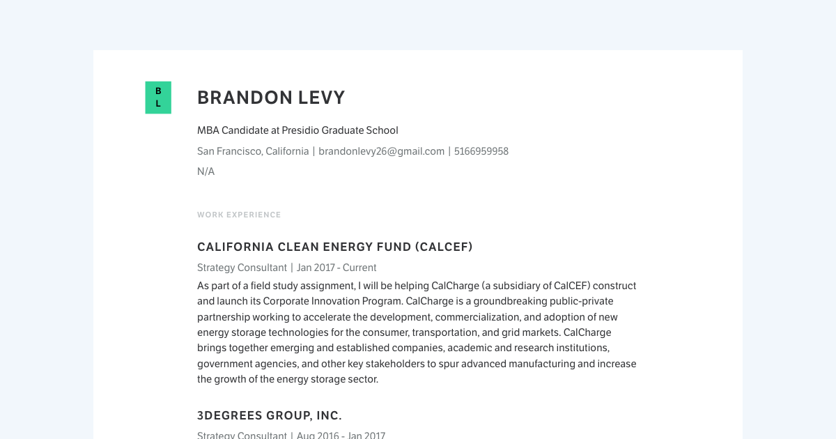 Brandon Levy's Resume | Strategy Consultant at California Clean Energy ...