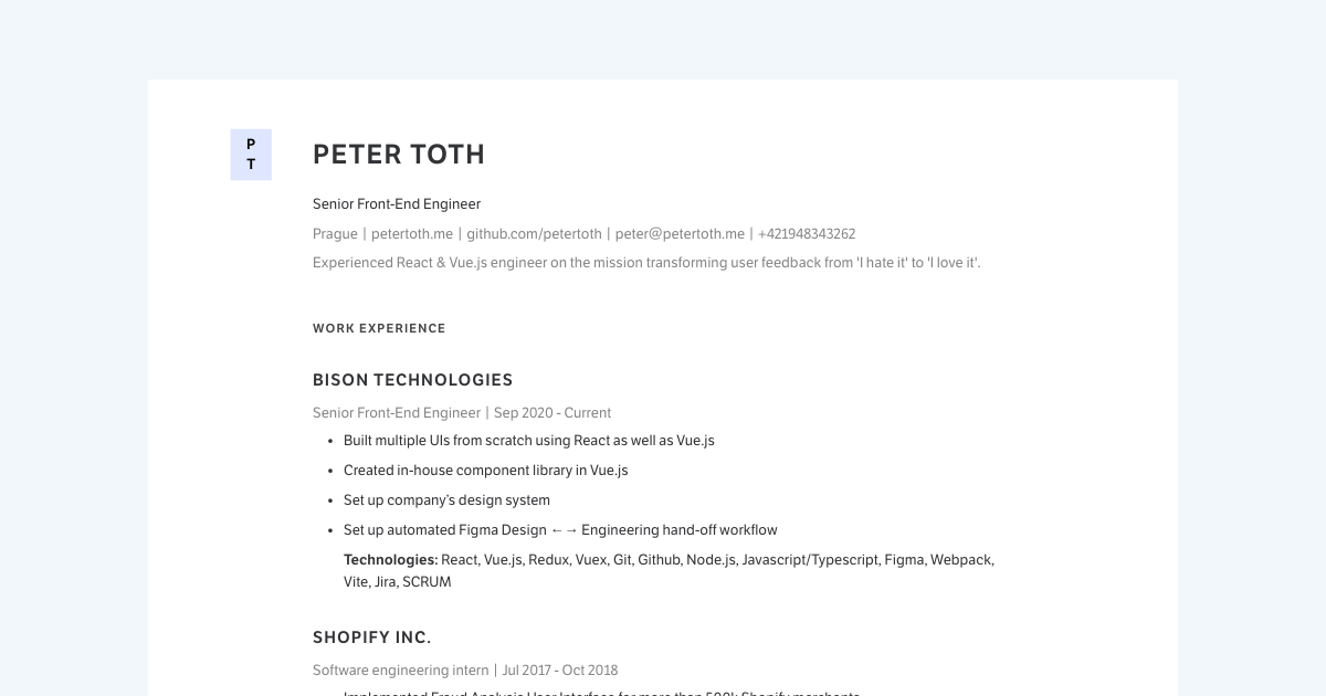 Peter Toth's Resume | Senior Front-End Engineer at Bison Technologies