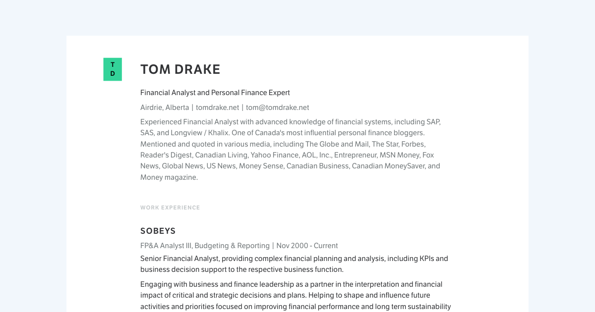 Tom Drake's Resume | FP&A Analyst III, Budgeting & Reporting at Sobeys