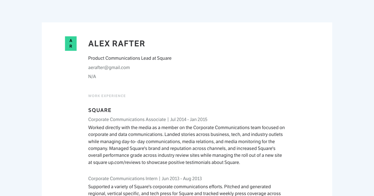 Alex Rafter's Resume | Corporate Communications Associate at Square