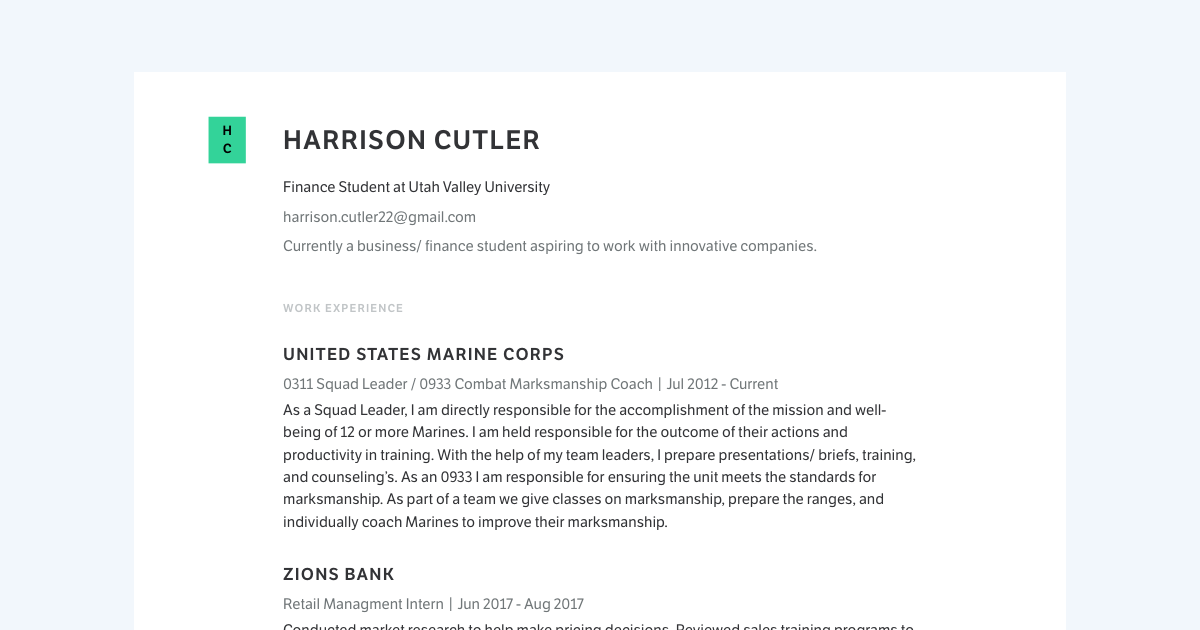 Harrison Cutler's Resume | 0311 Squad Leader / 0933 Combat Marksmanship ...