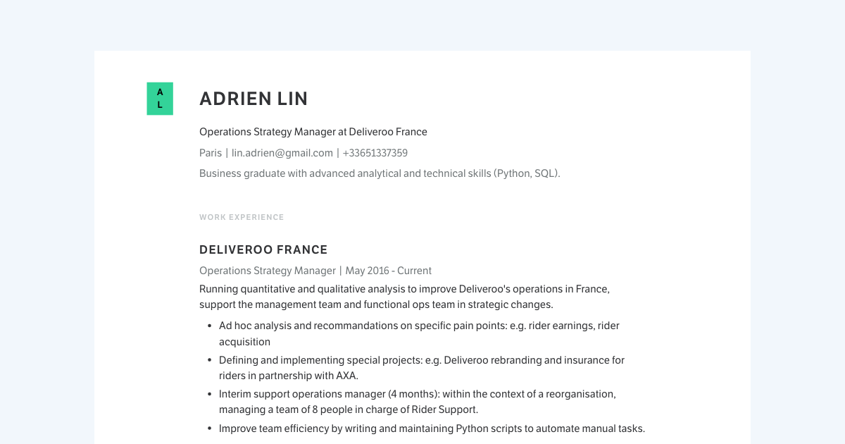 Adrien Lin's Resume | Operations Strategy Manager at Deliveroo France