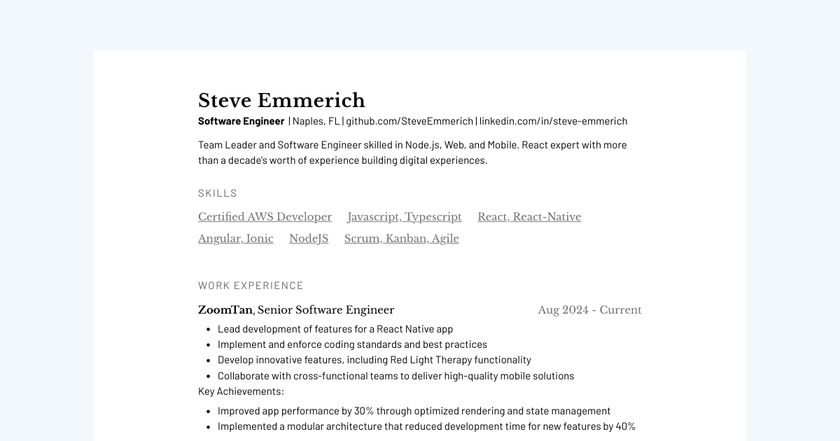 Steve Emmerich's Resume | Senior Software Engineer at ZoomTan