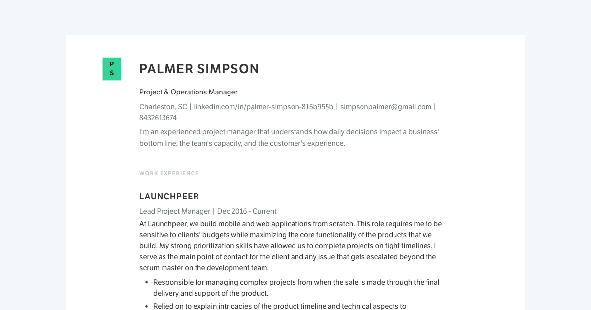 Palmer Simpson's Resume | Lead Project Manager at Launchpeer