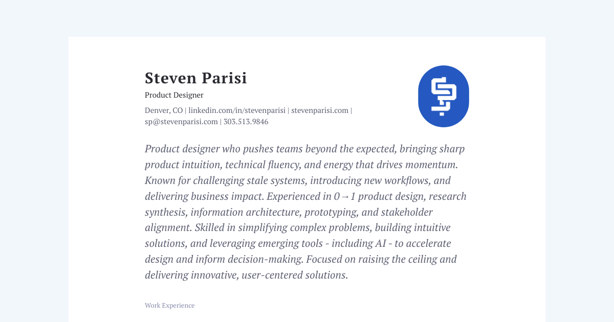 Steven Parisi's Resume | Staff Product Designer at Ibotta