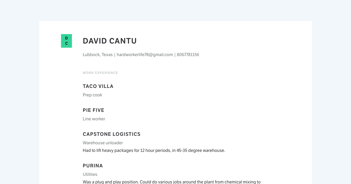David Cantu's Resume | Prep cook at Taco villa | Standard Resume