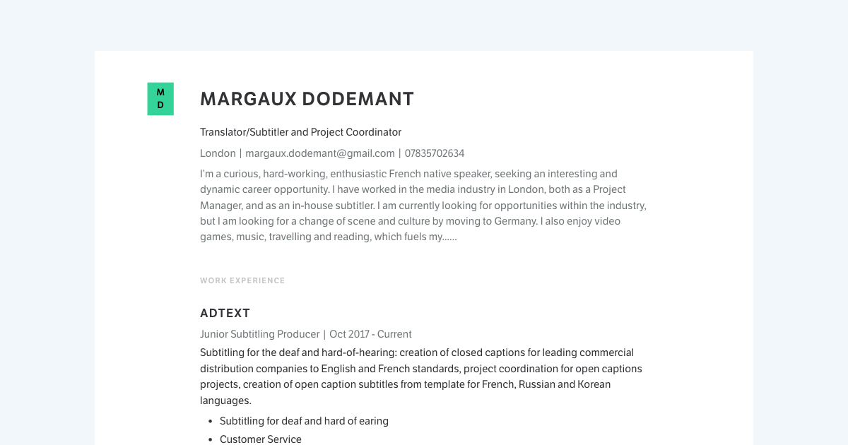 Margaux Dodemant's Resume | Junior Subtitling Producer at Adtext