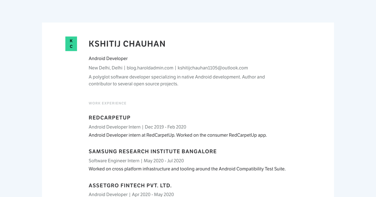 Kshitij Chauhan's Resume | Android Developer Intern at RedCarpetUp