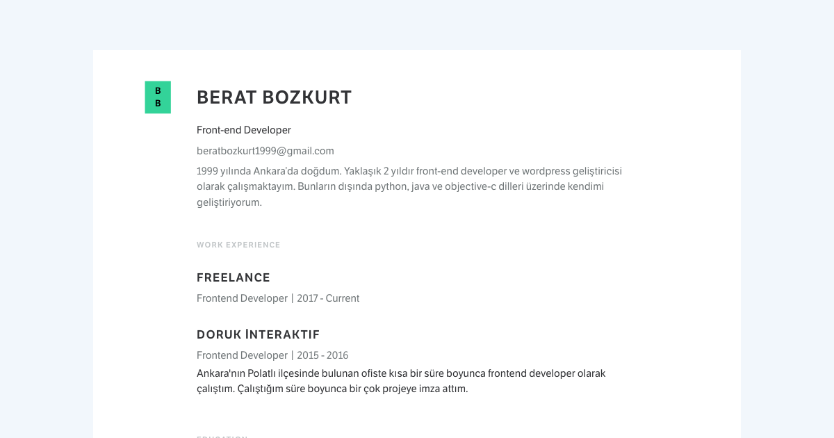 Berat Bozkurt's Resume | Frontend Developer at Freelance