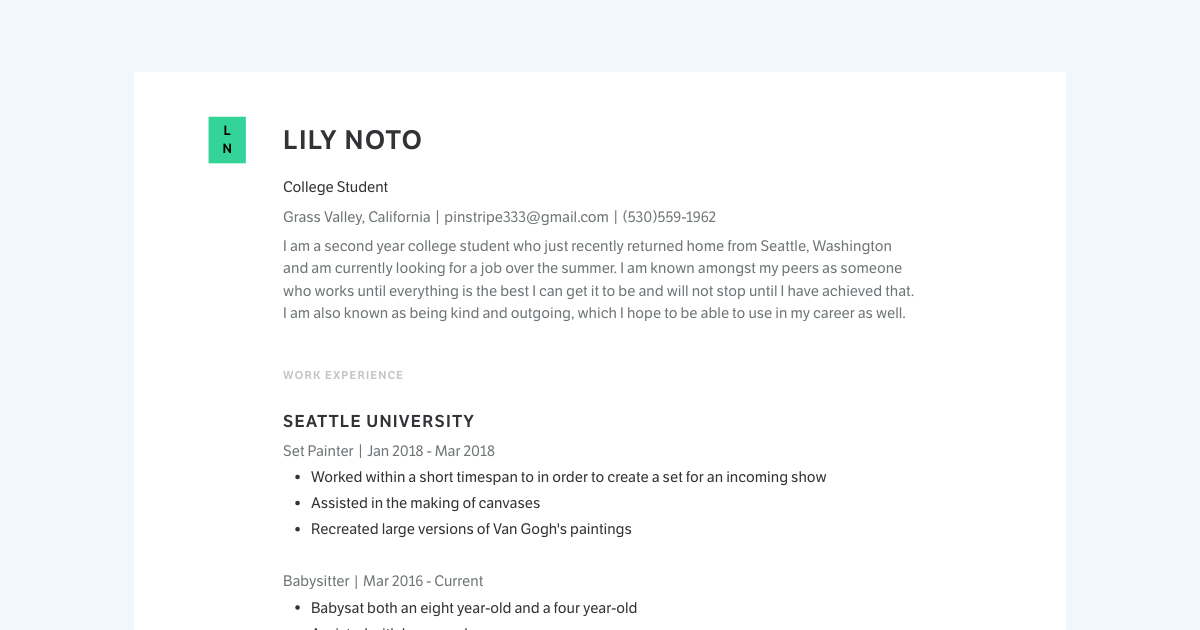 Lily Noto's Resume | Set Painter at Seattle University
