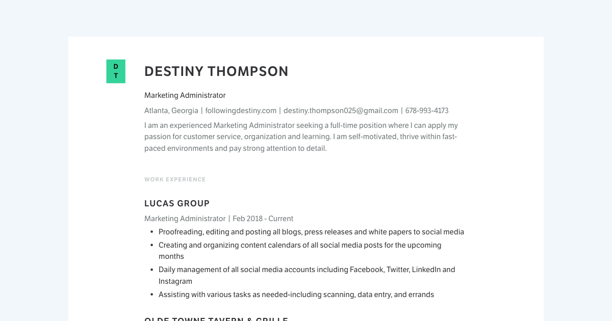 Destiny Thompson's Resume | Marketing Administrator at Lucas Group