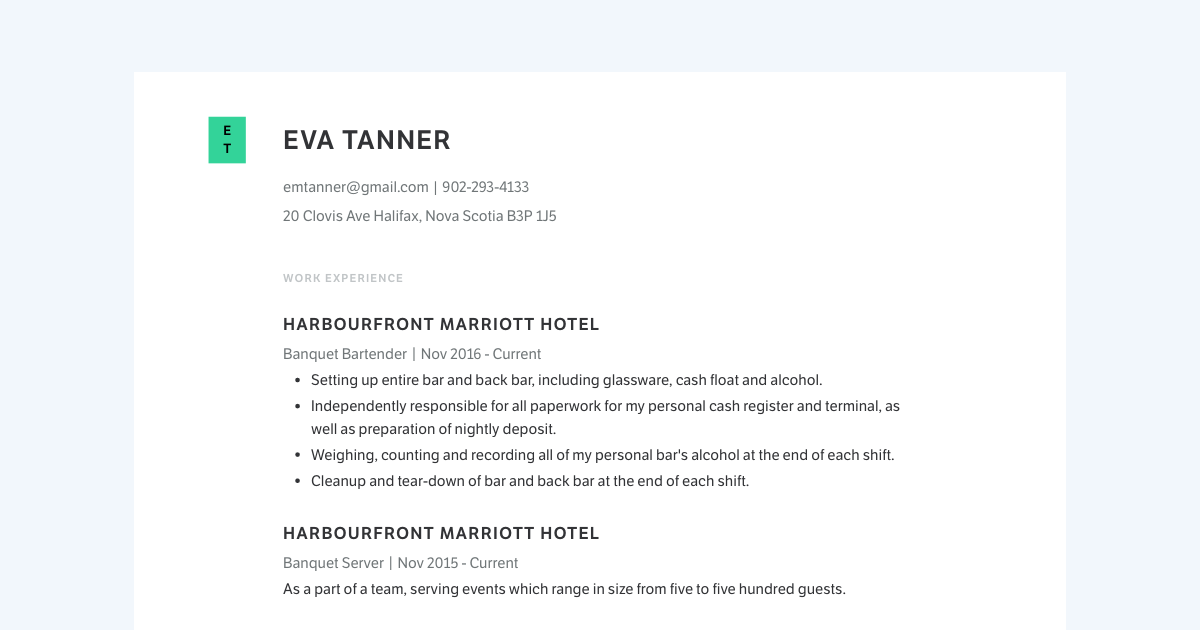 Eva Tanner's Resume | Banquet Bartender at Harbourfront Marriott Hotel