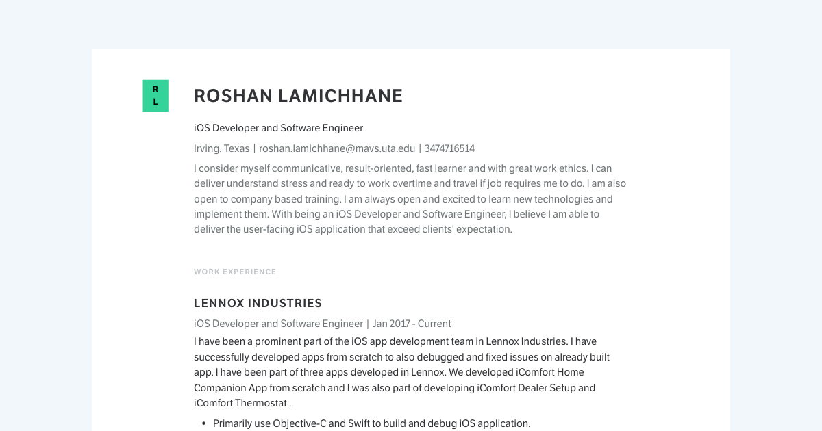 Roshan Lamichhane's Resume | iOS Developer and Software Engineer at Lennox Industries