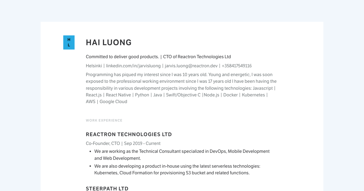 Hai Luong's Resume | Co-Founder, CTO at Reactron Technologies Ltd