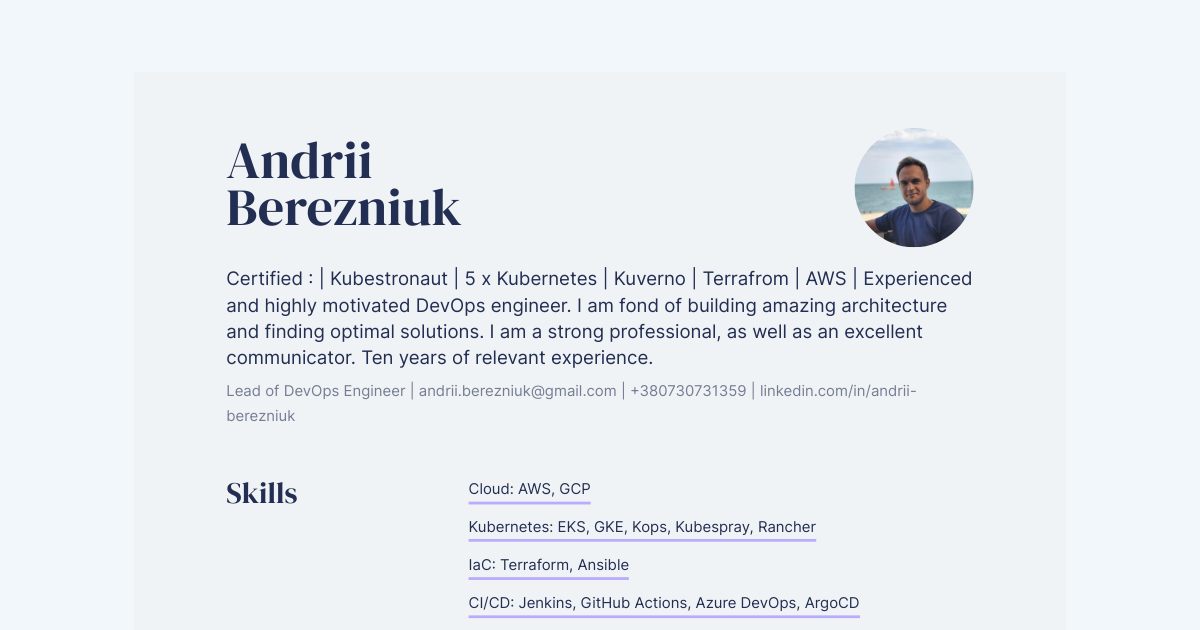 Andrii Berezniuk's Resume | Lead of DevOps Engineer at GlobalLogic