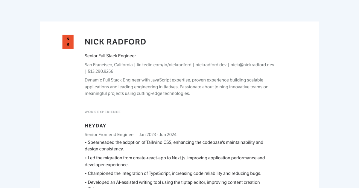 Nick Radford's Resume | Senior Frontend Engineer at Heyday